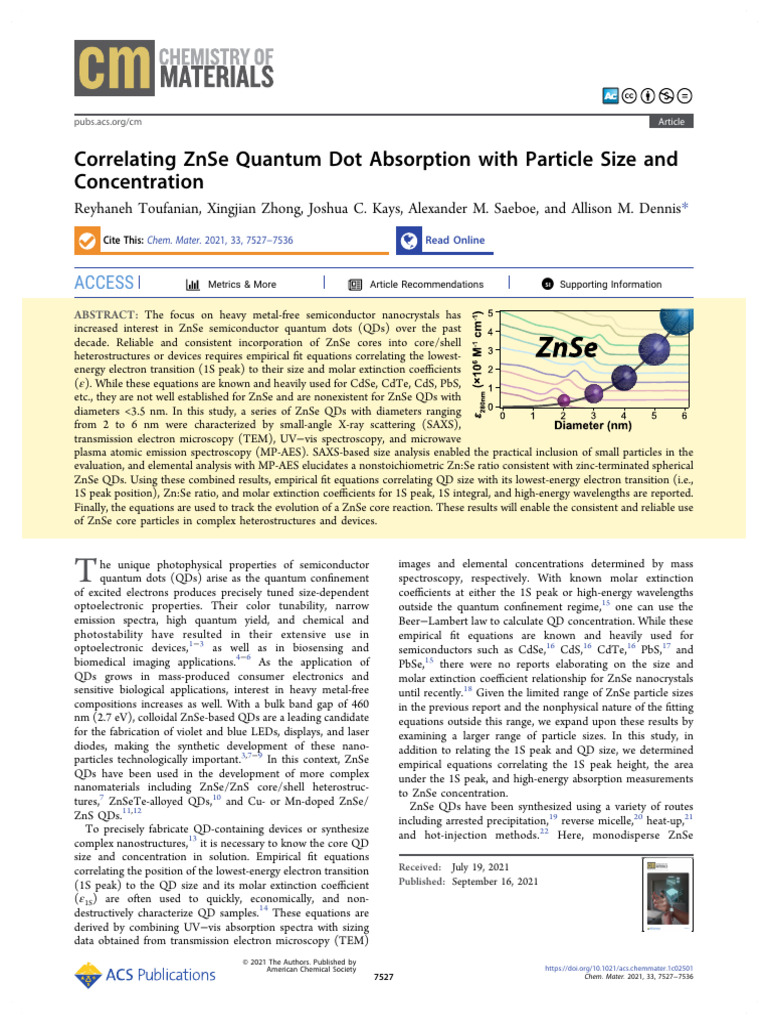 Toufanian Et Al 2021 Correlating Znse Quantum Dot Absorption With Particle Size and ...