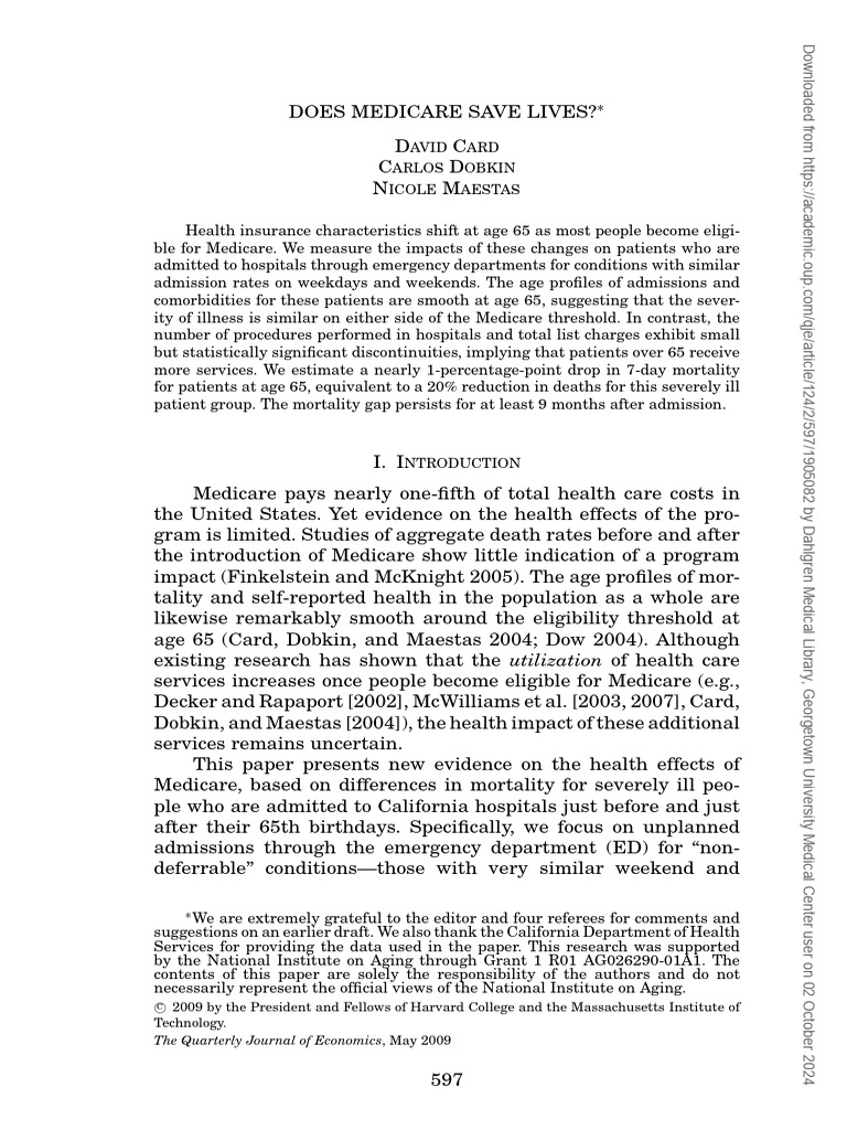 Card Dobkin Maestas-Qje2009 | PDF | Medicare (United States ...