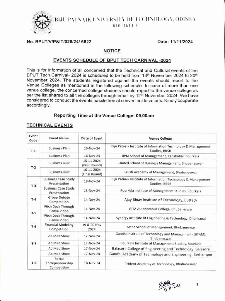 BPUT Tech Carnival 2024 Schedule | PDF
