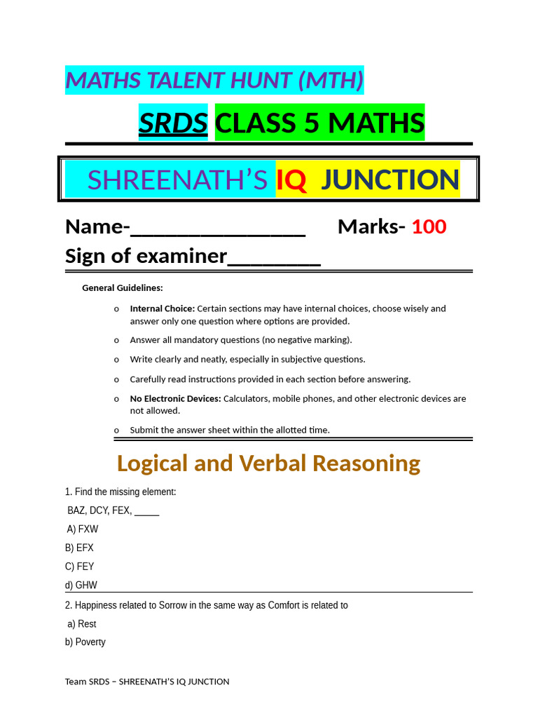 Logical Reasoning Class 5 Paper | PDF
