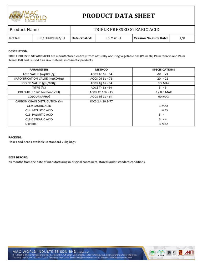 Triple Pressed Stearic Acid Specifications | PDF