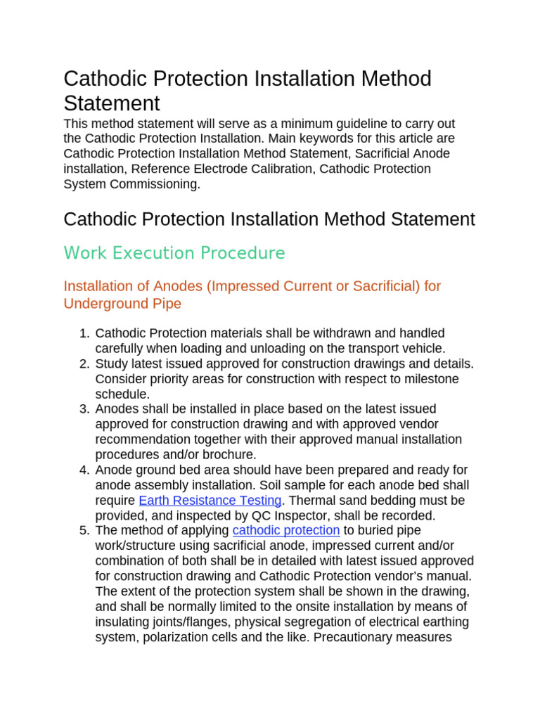Cathodic Protection Installation Method Statement | PDF | Anode | Corrosion