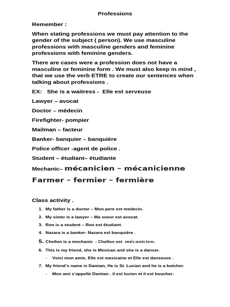 French Professions by Gender | PDF