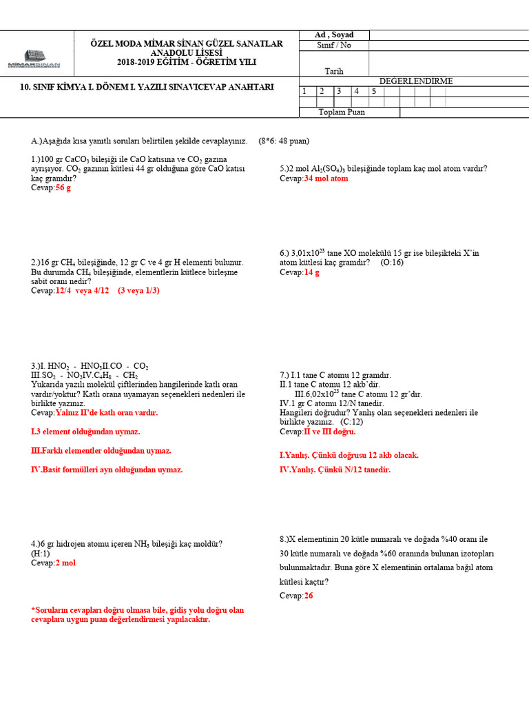 Sinif Kimya 1.donem 1.yazili Sinavi Ve Cevap Anahtari | PDF