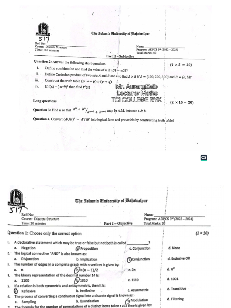 Discreet Mathematics 2024 Paper | PDF