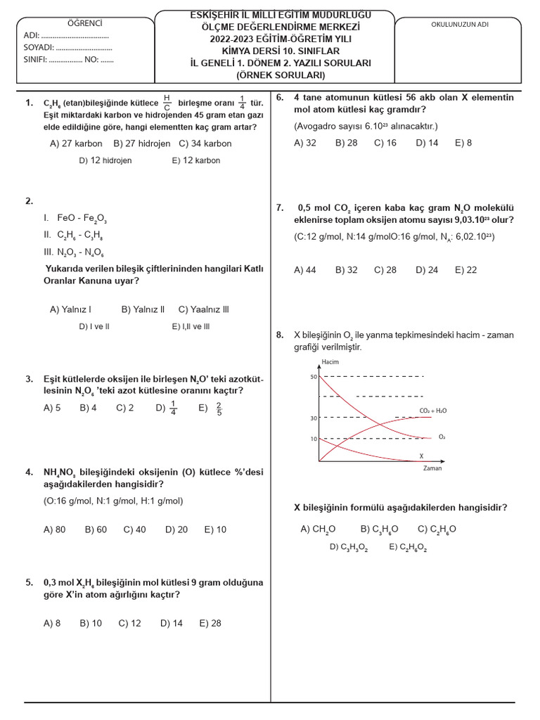 10.-Sinif-Kimya-Dersi-1.-Donem-2.-Yazili-Sorulari-Ve-Cevaplari | PDF