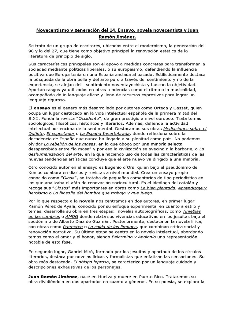 T.3 Novecentismo y Generación Del 14 Ensayo, Novela Novecentista y Juan ...