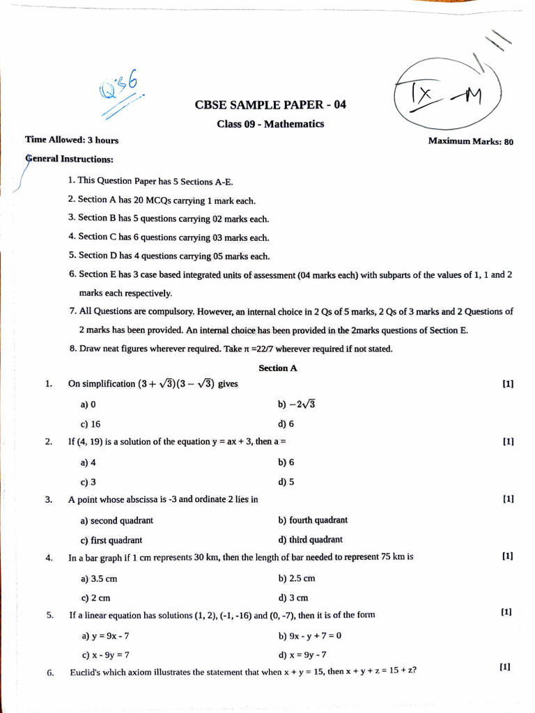 class 9 sample paper | PDF | Triangle | Area