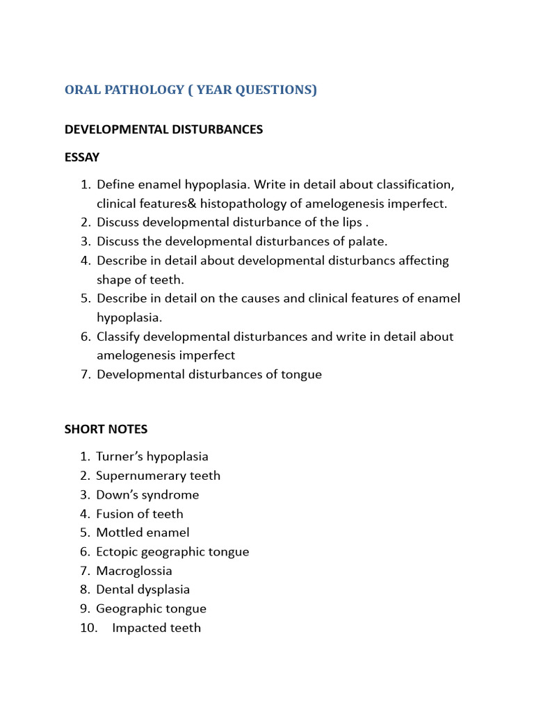 Oral Pathology Previous Year Question | PDF | Human Tooth | Carcinoma