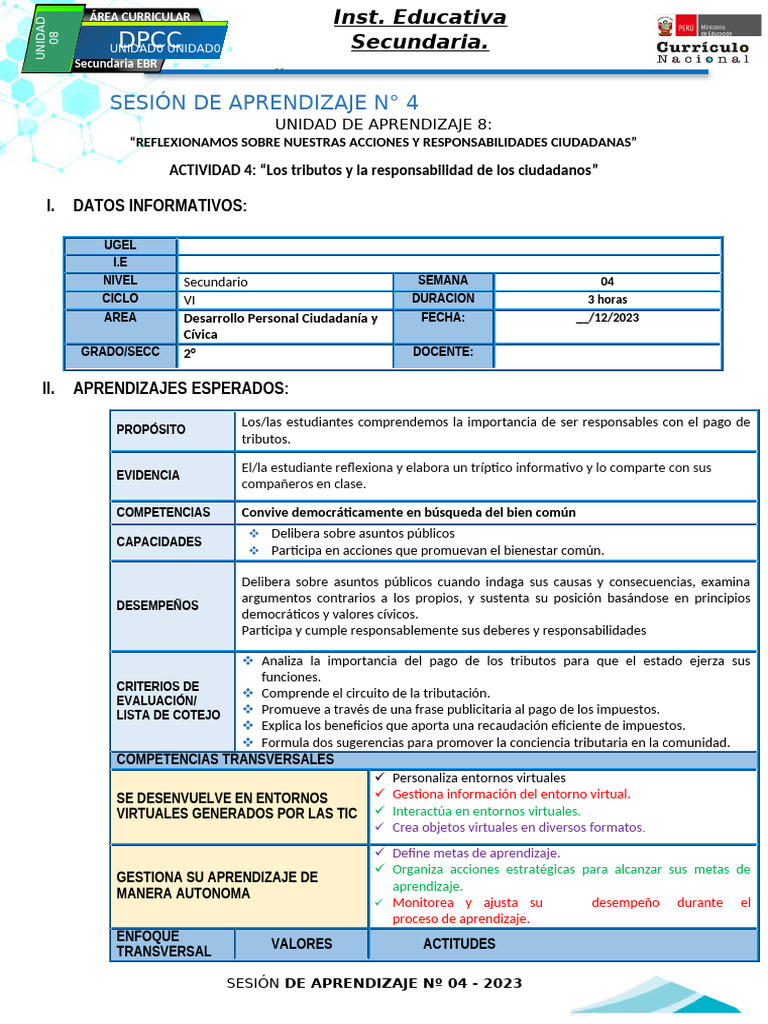 2º DPCC - Ses 4 Uni 8 - Sem 04 | PDF | Maestros | Aprendizaje