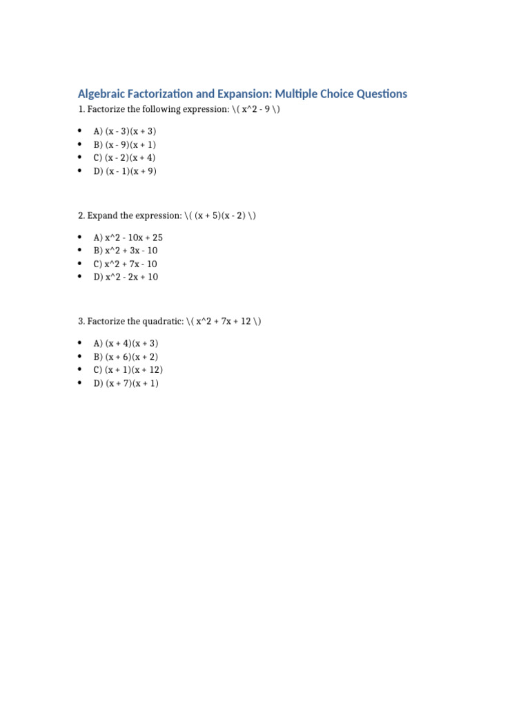 Algebraic Factorization Expansion MCQs | PDF