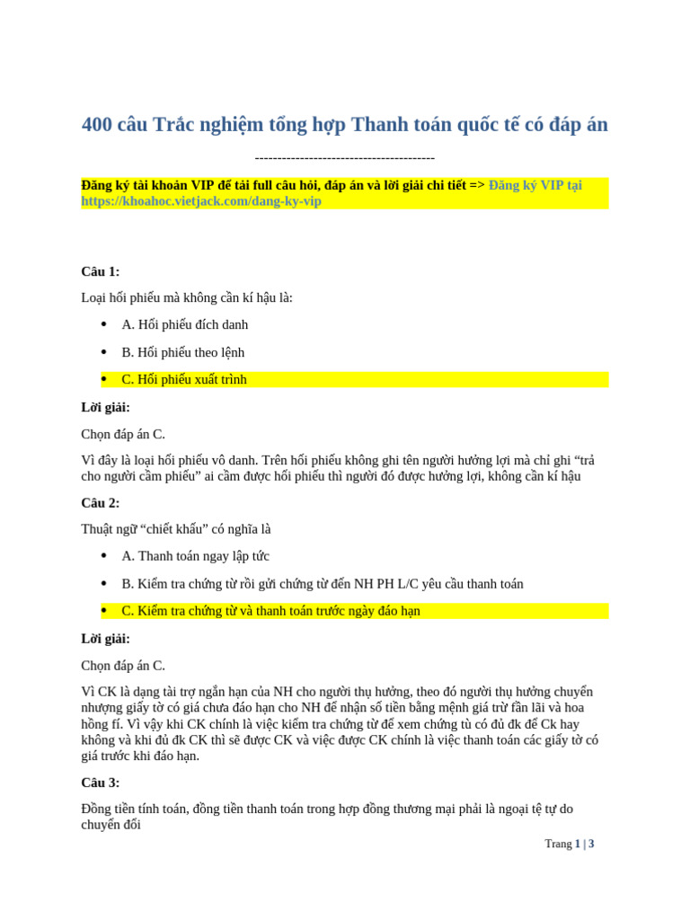 400 Cau Trac Nghiem Tong Hop Thanh Toan Quoc Te Co Dap An - 2024 - 12 - 24 | PDF
