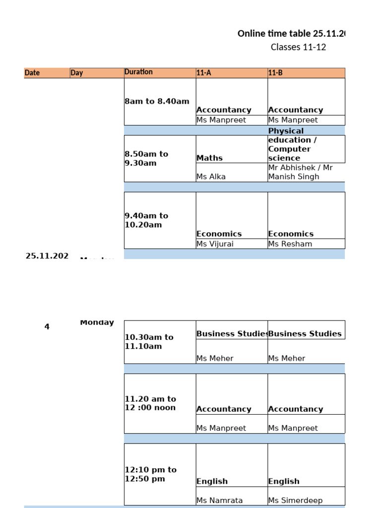 Class 11-12 Time Table 25 Nov 2024 Final | PDF | Science