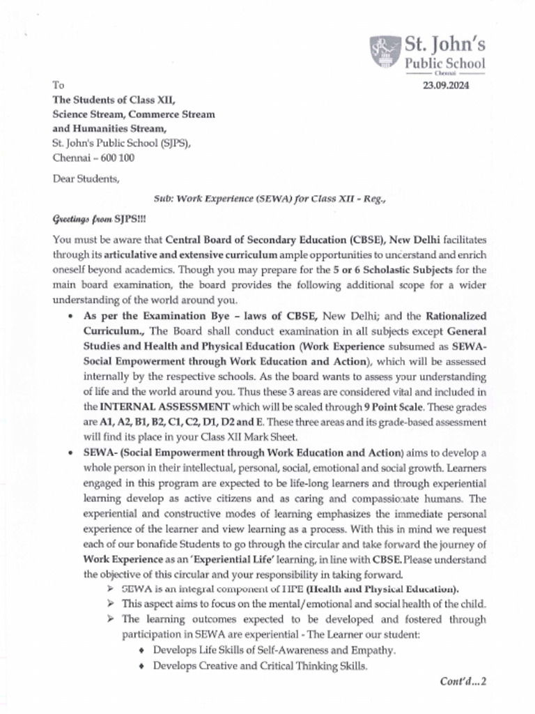 Work Experience (SEWA) For Class 12 | PDF