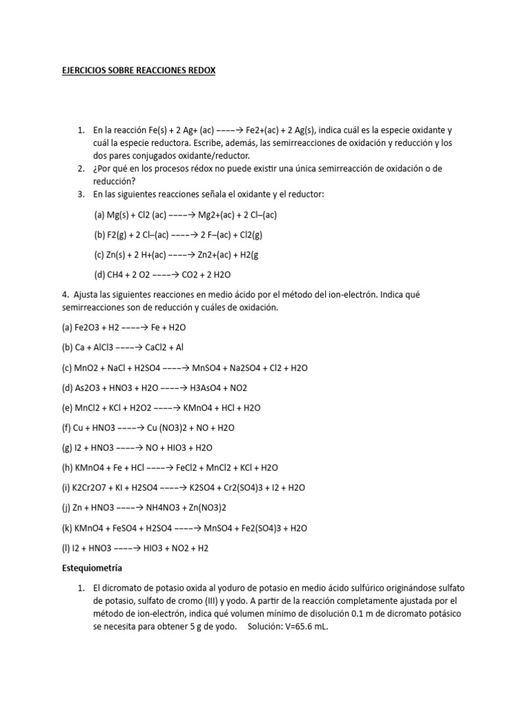 Ejercicios de Reacciones Redox y Estequiometría | PDF | Redox | Ácido sulfúrico