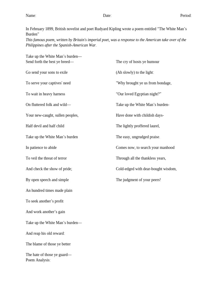 White Man's Burden - Imperialism | PDF | Rudyard Kipling