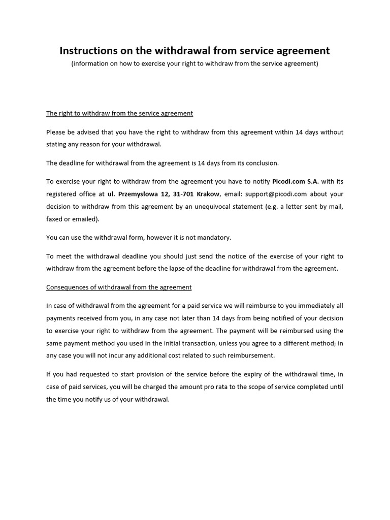 Instructions On The Withdrawal From Service Agreement | PDF
