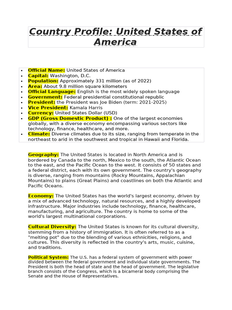 Country Profile | PDF | The United States | North America