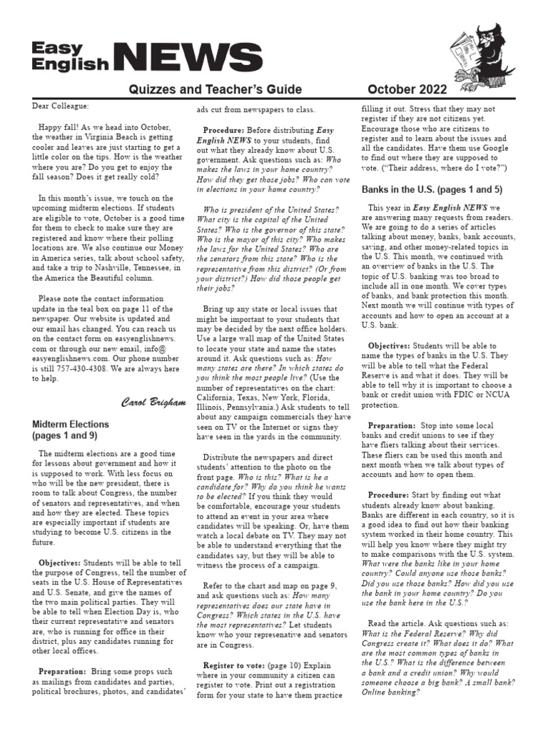 Easy English News Monthly Teachers Guide and Quiz 2022 October | PDF ...