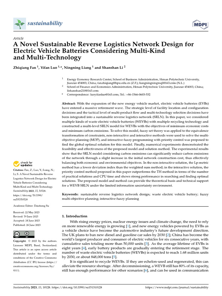 A Novel Sustainable Reverse Logistics Network Design For Electric ...