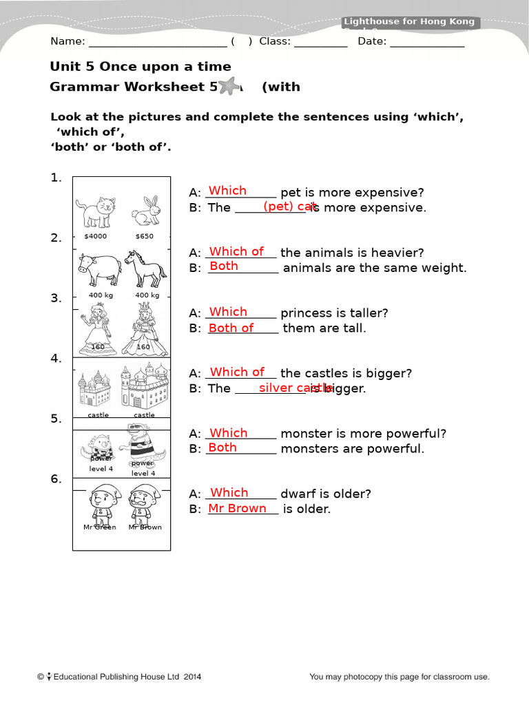 Unit 5 Once Upon A Time Grammar Worksheet 5.1A (With Answers) | PDF
