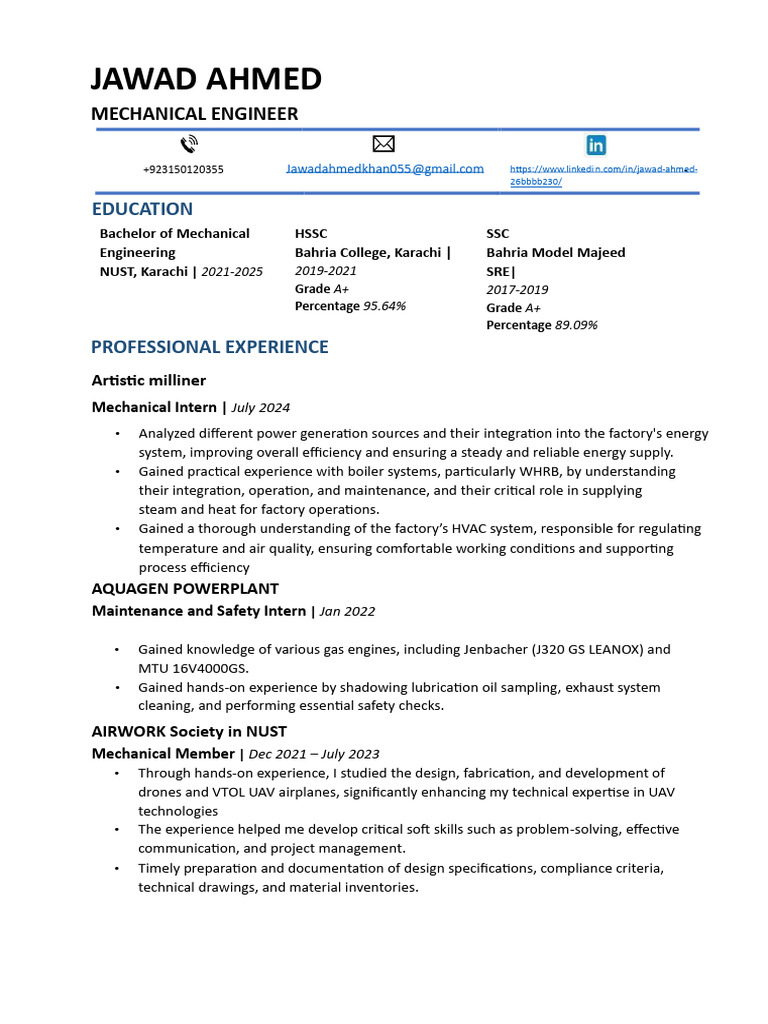 Jawad Ahmed CV | PDF | Mechanical Engineering | Unmanned Aerial Vehicle
