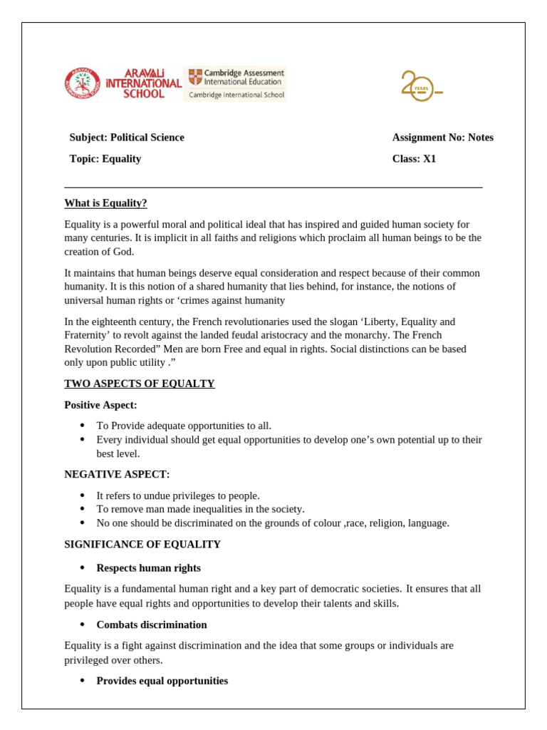 Notes_Equality_Book-2_Class11 | PDF | Social Equality | Gender Studies