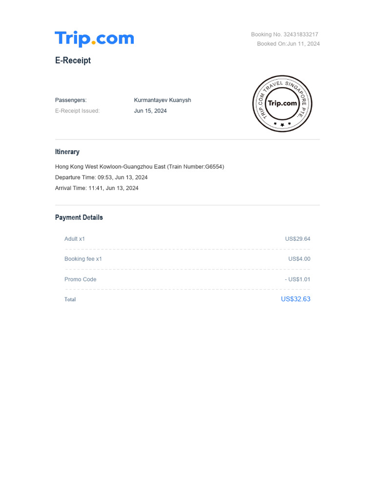 Hong Kong to Guangzhou Train Booking Receipt | PDF