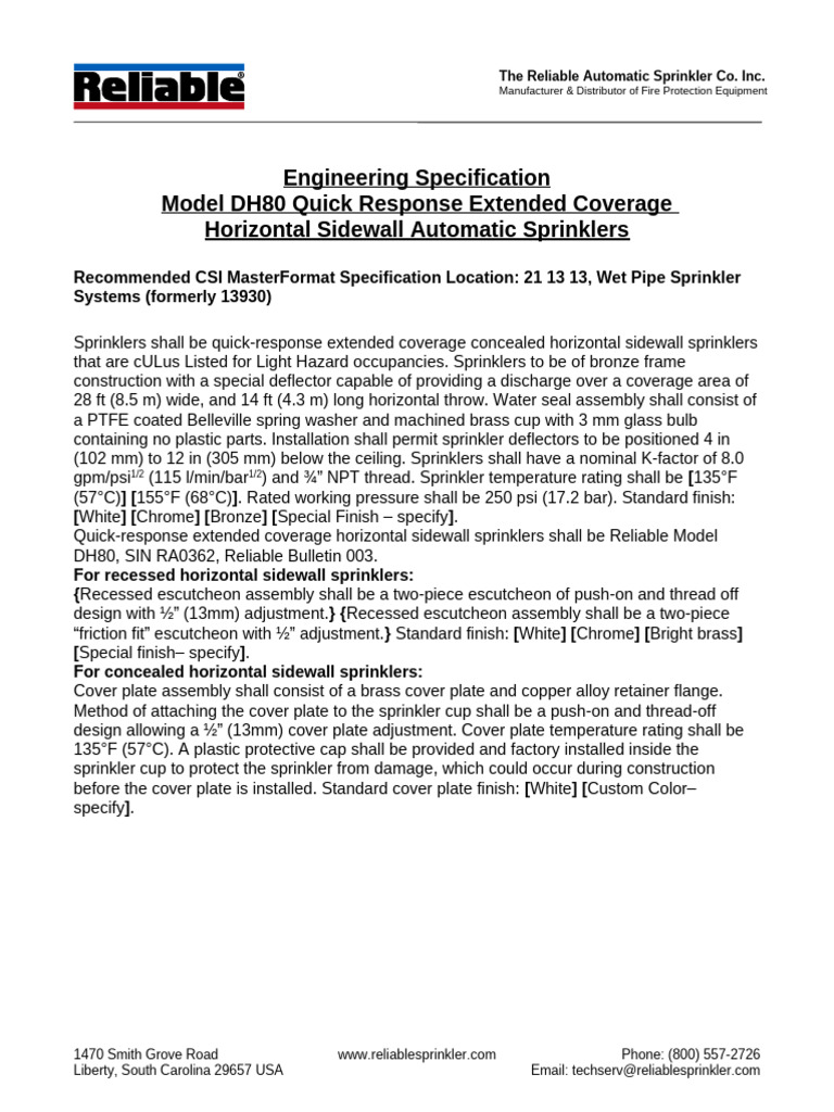 DH80 Quick Response Sidewall Sprinklers | PDF | Fire Sprinkler System | Building Engineering