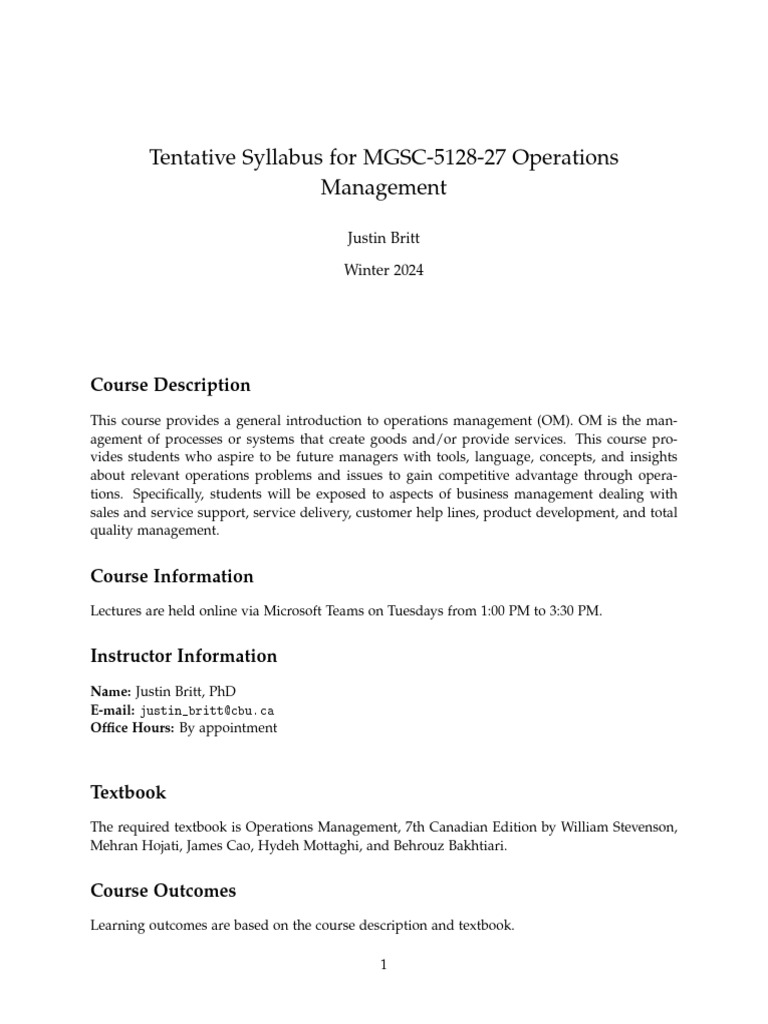 W2024 MGSC 5128 27 Syllabus | PDF | Scheduling (Production Processes) | Lean Manufacturing