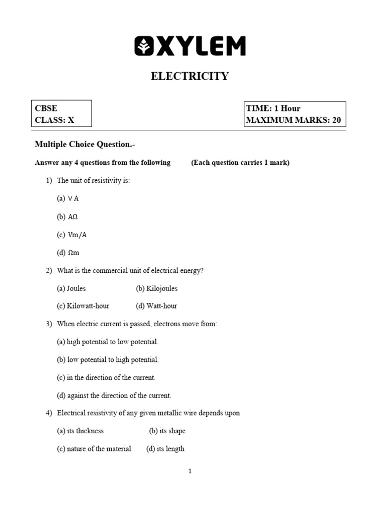 Unit Test - Electricity - PDF | PDF | Electrical Resistance And ...
