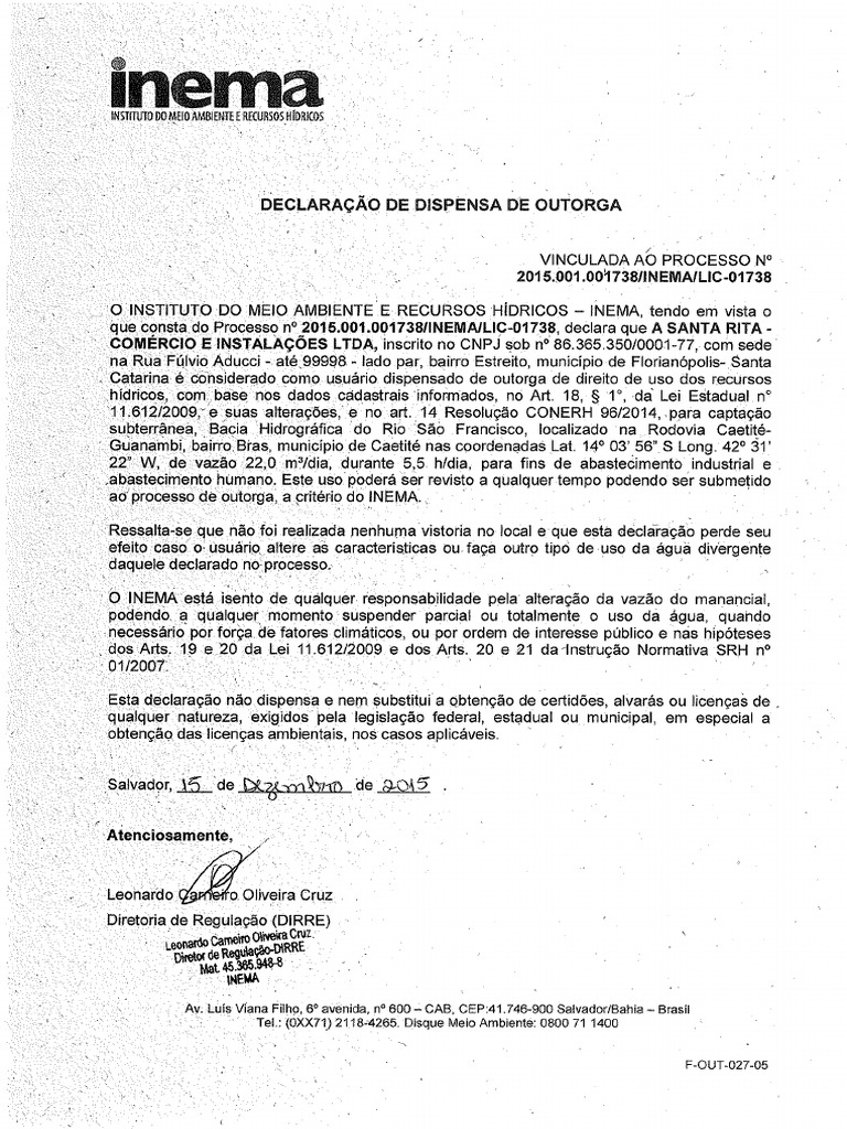 INEMA - DECLARAÇÃO DE DISPENSA DE OUTORGA - 2015 | PDF
