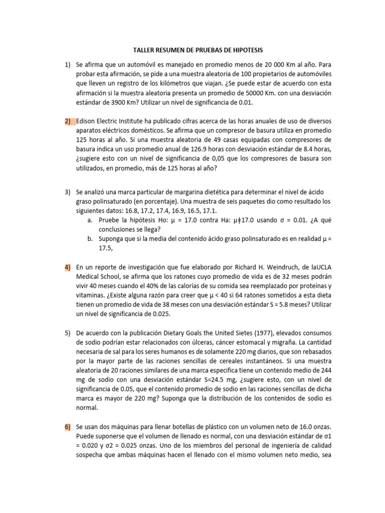 Taller Algunos ejercicios de Pruebas de Hipótesis | PDF