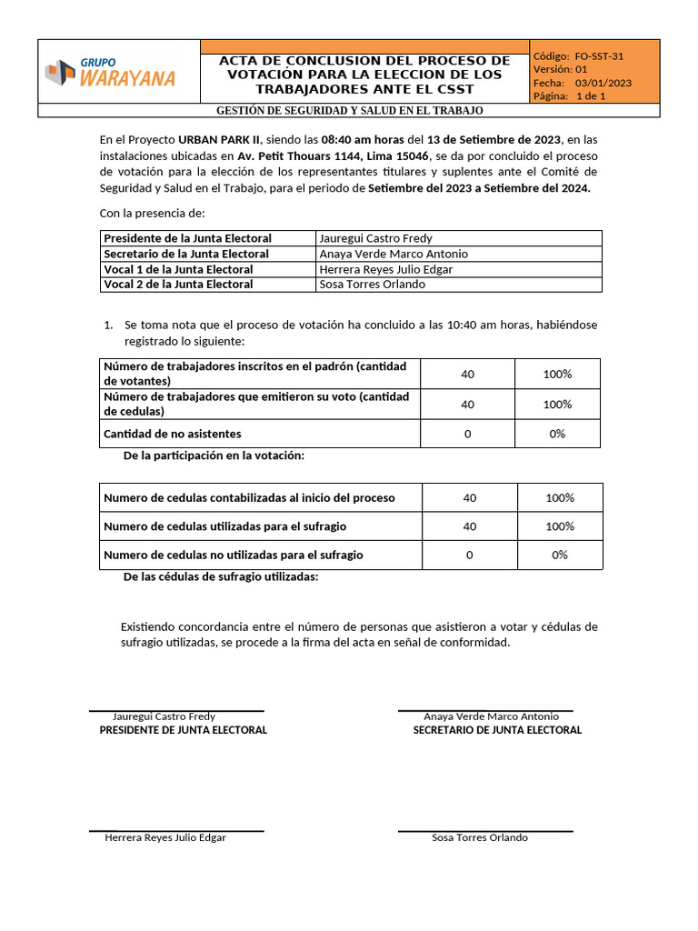 Acta Final Votación CSST 2023-2024 | PDF | Votación | Elecciones