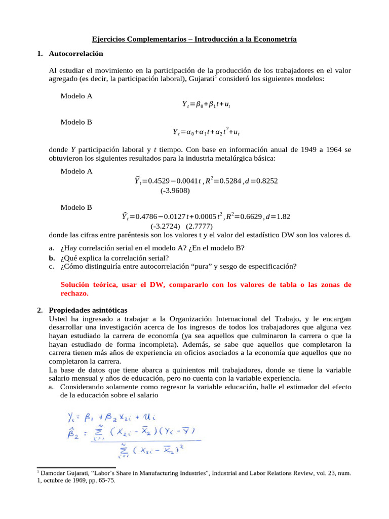 IE - Ejercicio Complementarios - 2024-0 - Solucionario | PDF | Econometría | Análisis de regresión