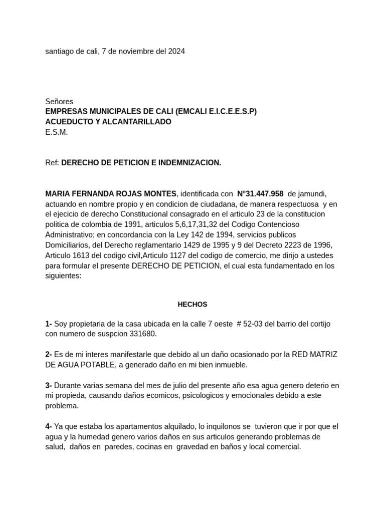 Derecho de Peticion Emcali | PDF | Daños y perjuicios | Justicia
