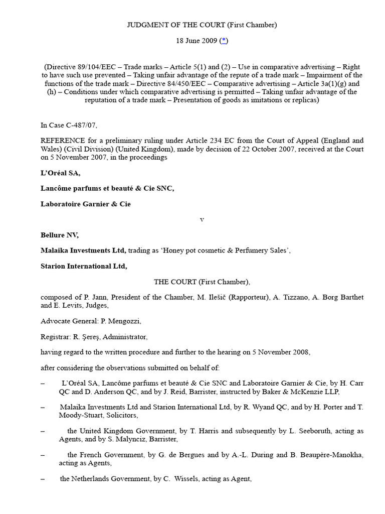 L'oreal v Bellure | PDF | Trademark | Perfume
