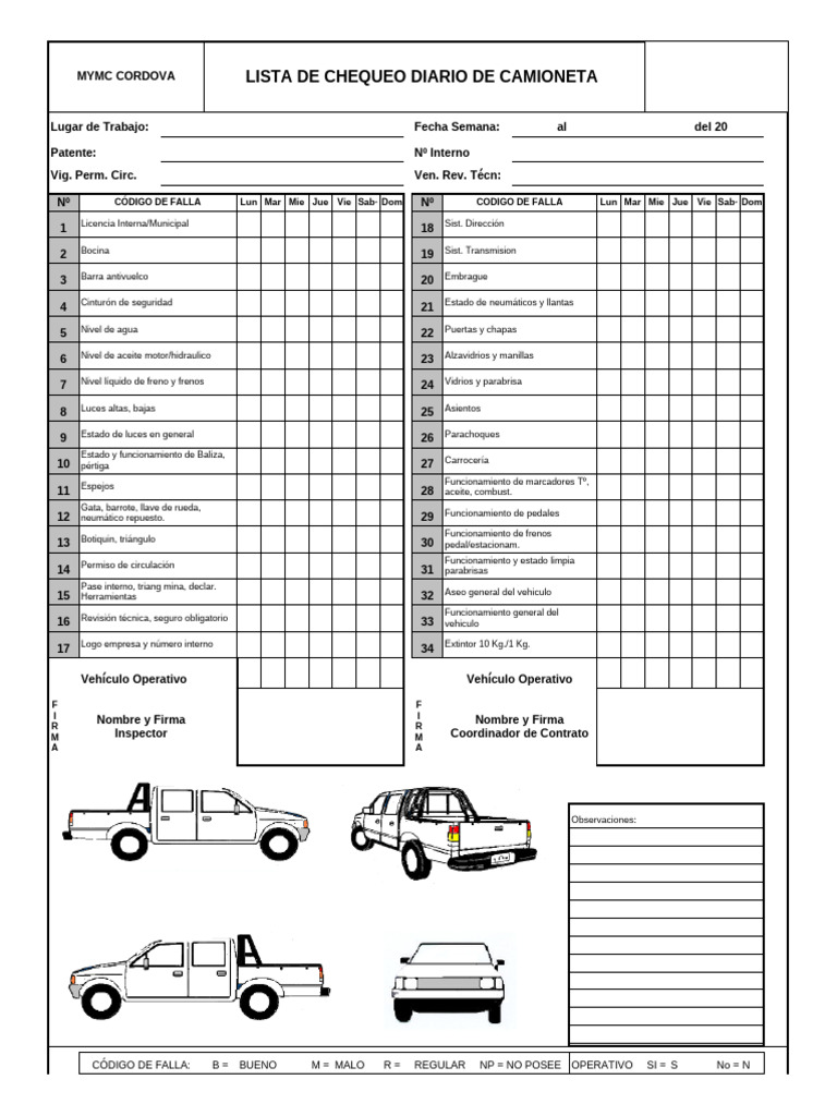Check List Camionetas 2010 | PDF | Neumático | Coche