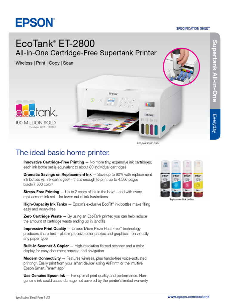 Epson EcoTank ET-2800 Specs Overview | PDF | Printer (Computing ...