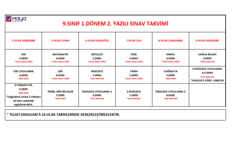 Sinif 1. Donem 2. Yazili Sinav Takvimi | PDF