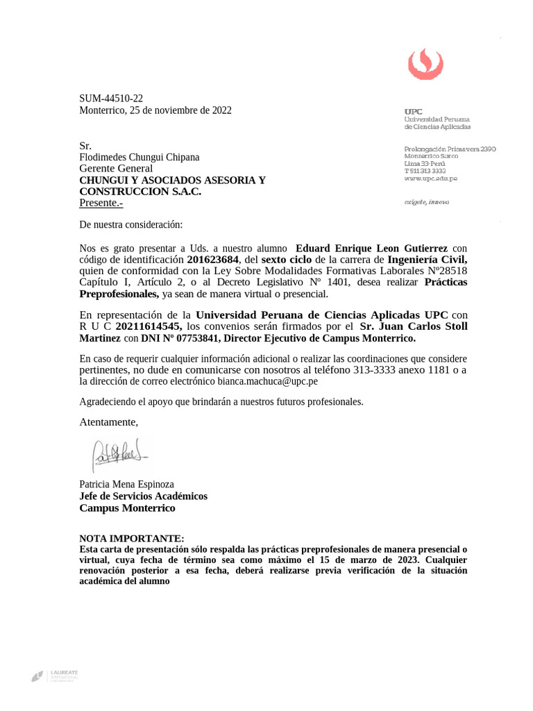 Carta de Presentación para Prácticas UPC | PDF