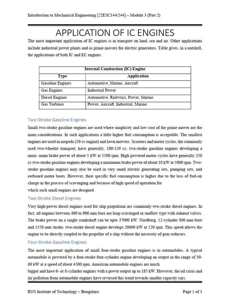 22ESC144 - Module - 3 - Part - 1 - Applications of IC Engines | PDF | Engines | Diesel Engine
