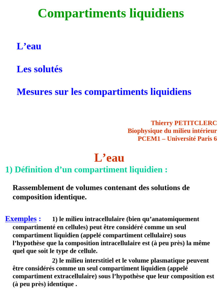 Compartiments Liquidiens: L'eau Les Solutés Mesures Sur Les ...