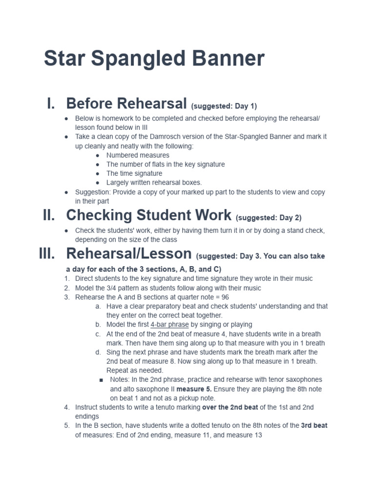 Star Spangled Banner Rehearsal Guide | PDF | Musicology | Musical Notation