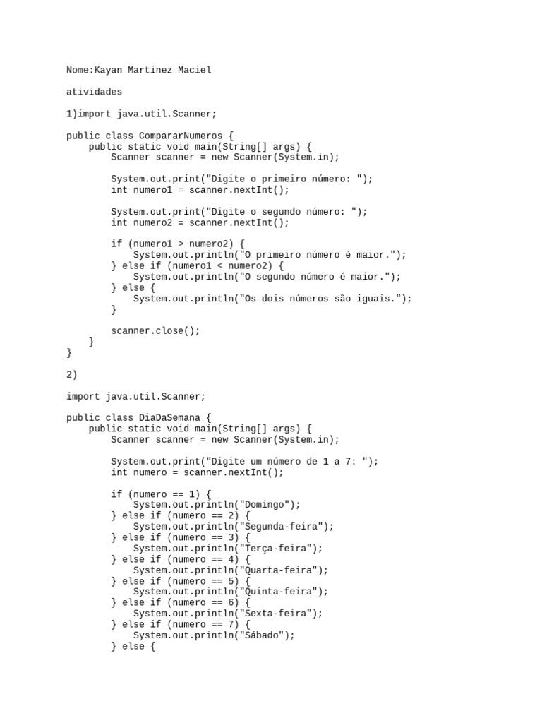 Atividades de Java 2 (1) | PDF | Java (linguagem de programação)
