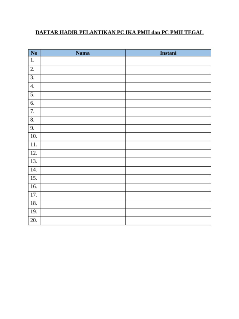 DAFTAR HADIR DAN TEKS MC PELANTIKAN PC IKA PMII Dan PC PMII TEGAL Vol 2 | PDF