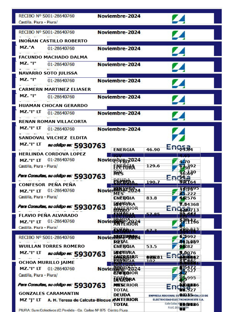 Recibos Noviembre Primer Bloque | PDF