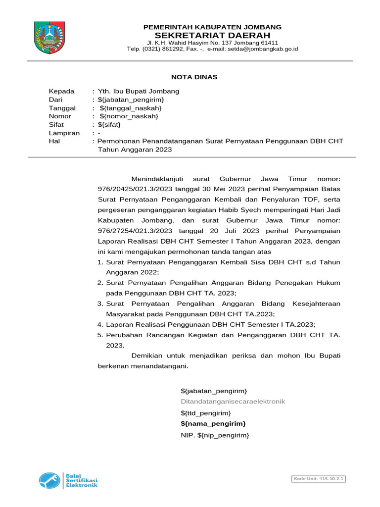 ND Permohonan Penandatangan Surat Pernyataan Penggunaan DBHCHT | PDF