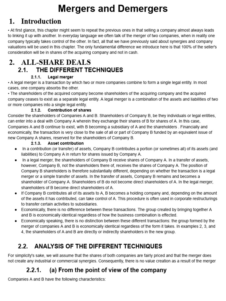 Mergers and Demergers - | PDF | Mergers And Acquisitions | Equity (Finance)