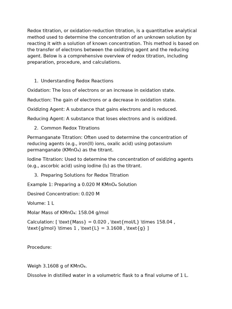 Redox Titration | PDF | Titration | Chemistry